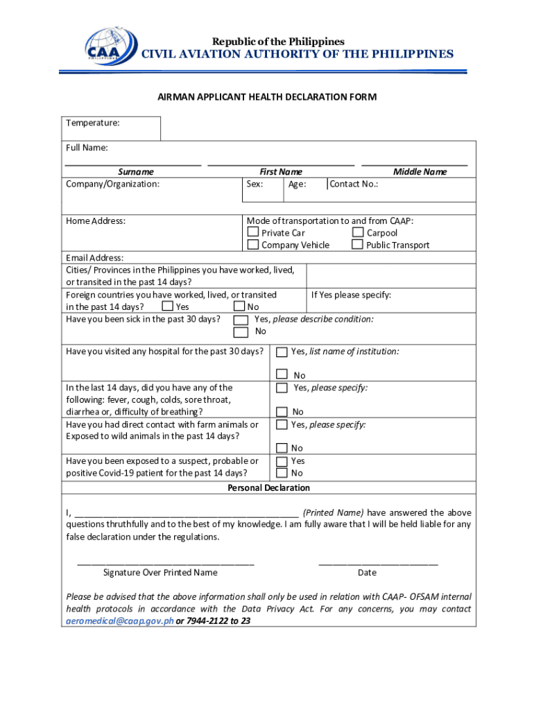 Fillable Online caap gov Airman Applicant Health Declaration Form Fax ...