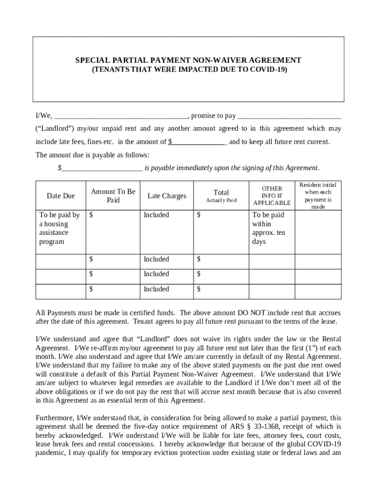 SPECIAL PARTIAL PAYMENT NON-WAIVER AGREEMENT Doc Template | pdfFiller