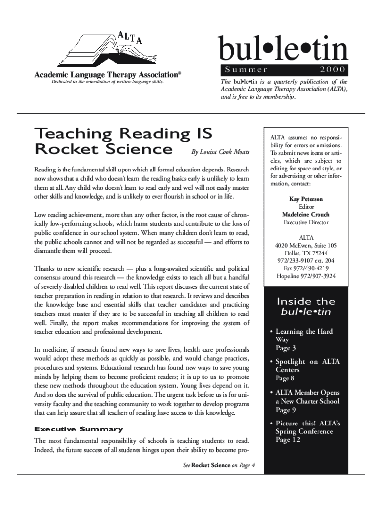 Fillable Online ACADEMIC LANGUAGE THERAPY ASSOCIATION ALTA READING ...
