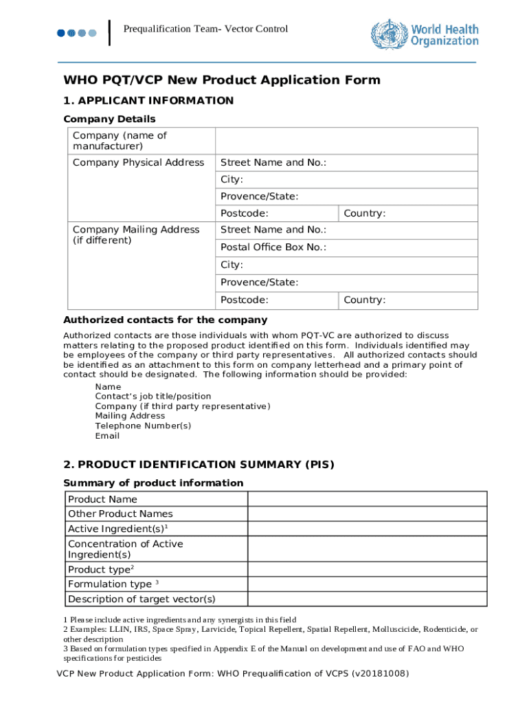 WHO PQT/VCP New Product Application Doc Template | pdfFiller