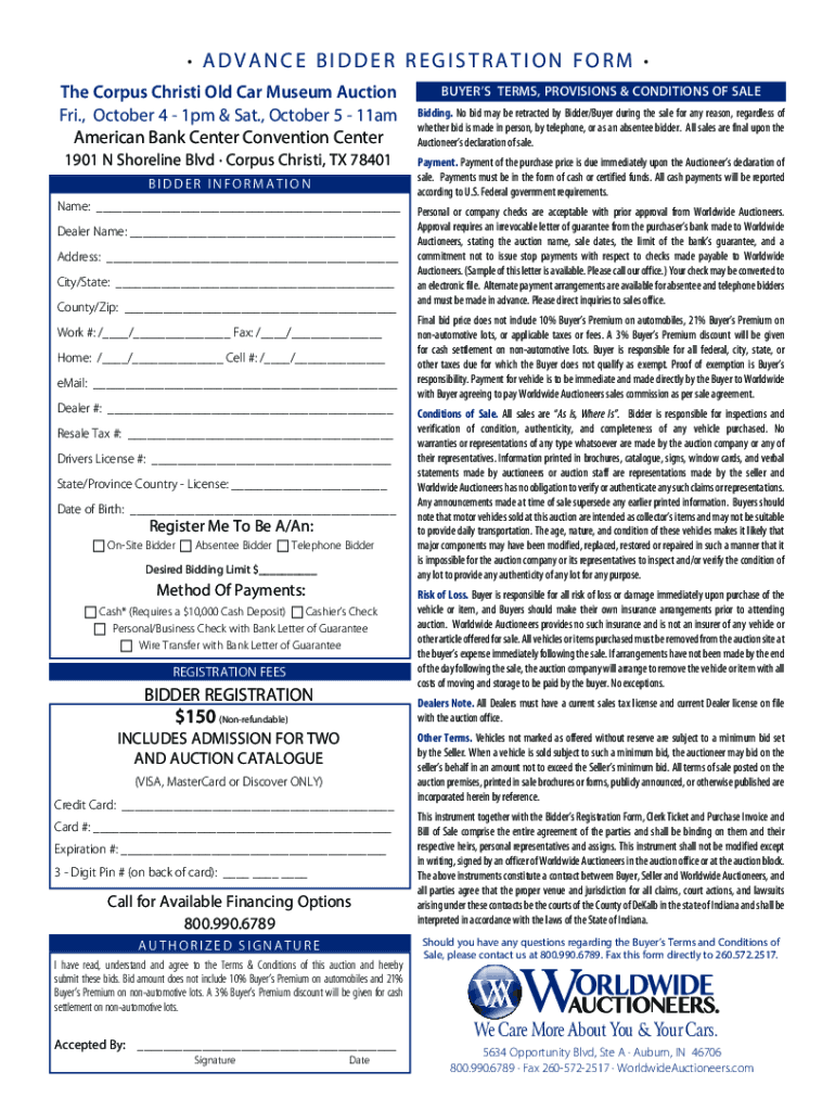 Fillable Online ADVANCE BIDDER REGISTRATION FORM- Worldwide ... Fax ...