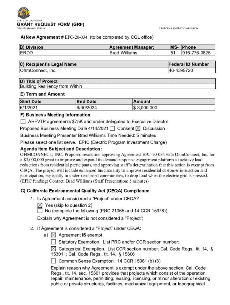 Fillable Online GRANT REQUEST FORM (GRF) A) New Agreement # EPC-20-034 ...