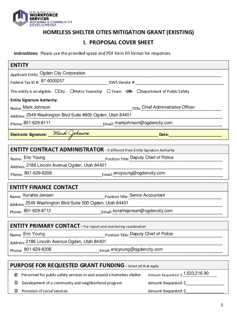Fillable Online HOMELESS SHELTER CITIES MITIGATION GRANT (EXISTING) I ... Fax Email Print ...