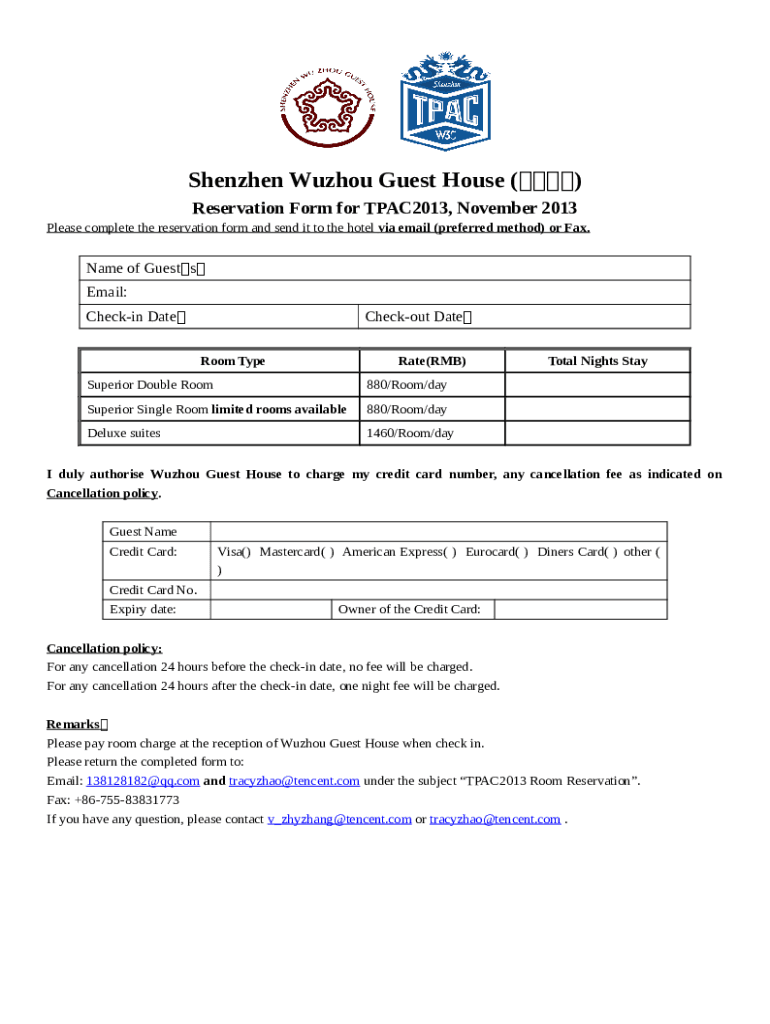 Shenzhen Wuzhou Guest House (????) Reservation ... Doc Template | pdfFiller