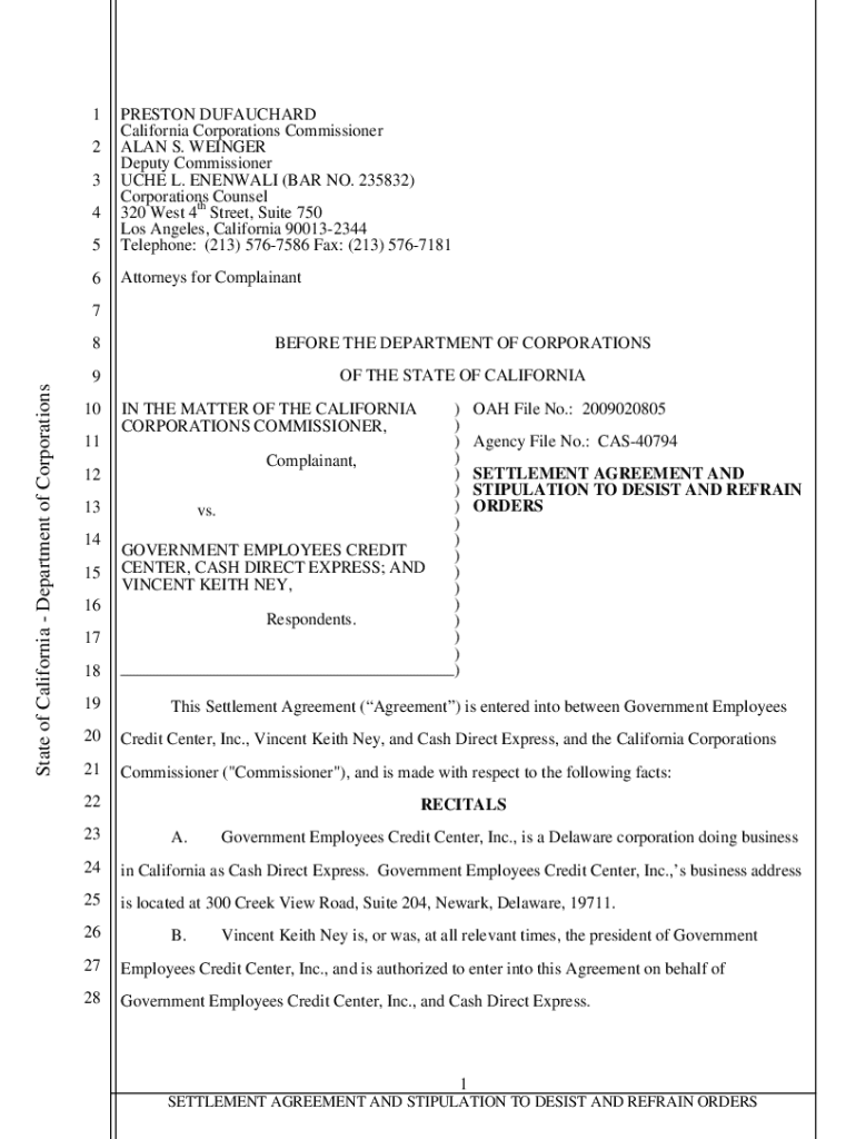 Fillable Online Settltment Agreement and Stipulation to Desist ...
