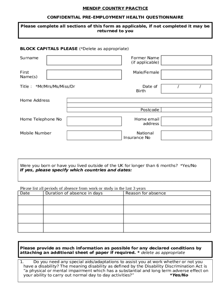 Pre-employment questionnaire for medical staff Doc Template | pdfFiller