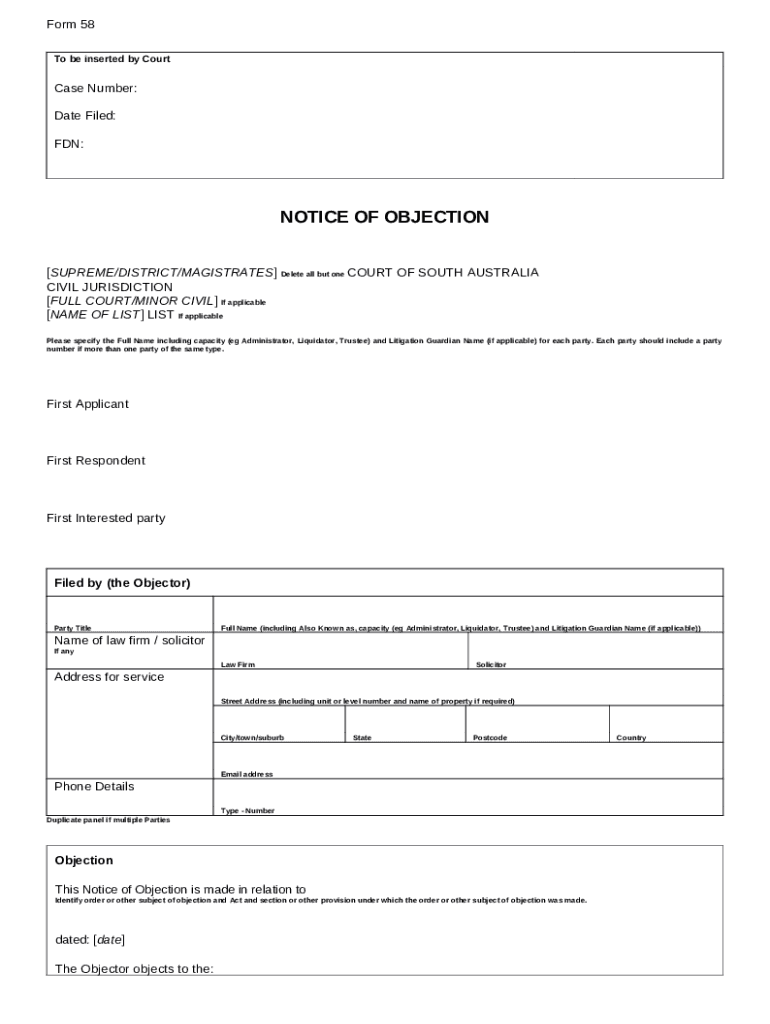 58 Notice of Objection - courts.sa.gov.au Doc Template | pdfFiller