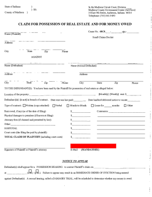 Fillable Online Claim for Possession of Real Estate and for Money Owed ...