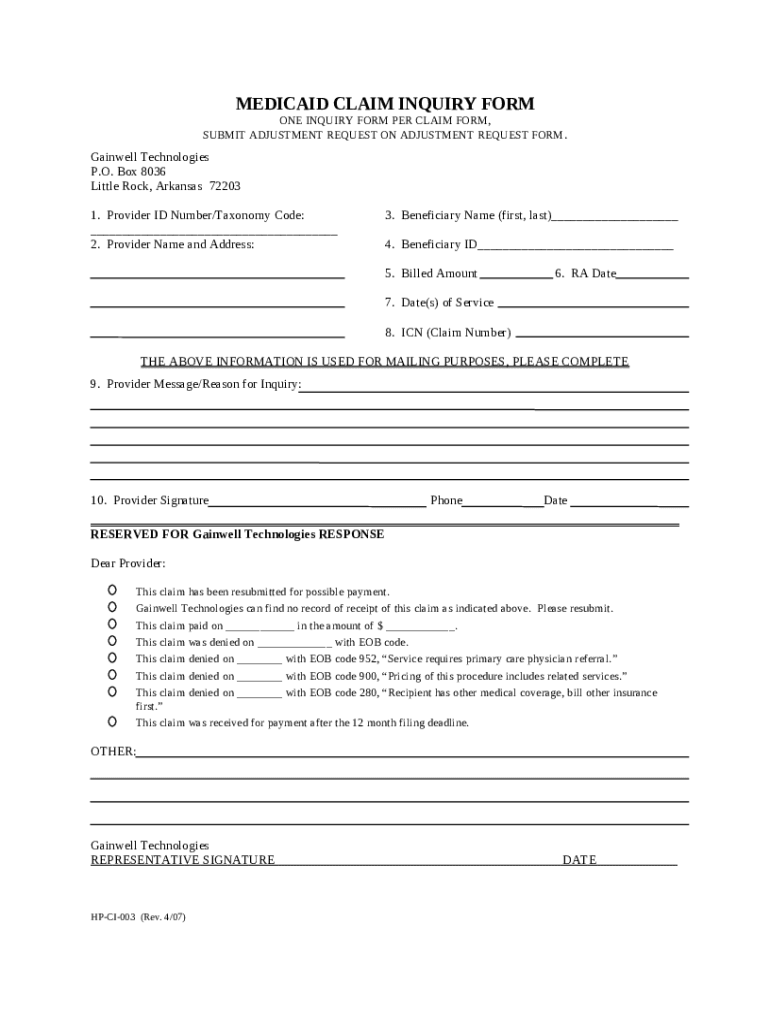 HP-CI-003 Medicaid Claim Inquiry - humanservices arkansas Doc Template ...