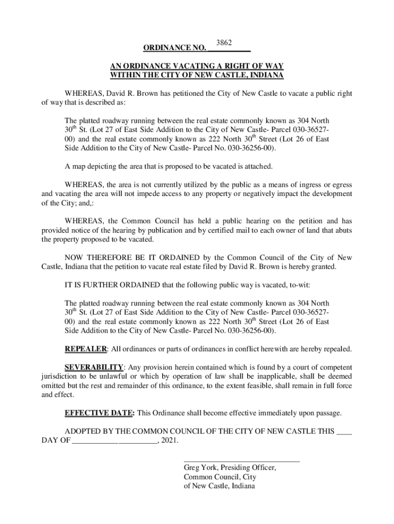 Fillable Online 3862 ORDINANCE NO. AN ORDINANCE VACATING A RIGHT OF WAY ...