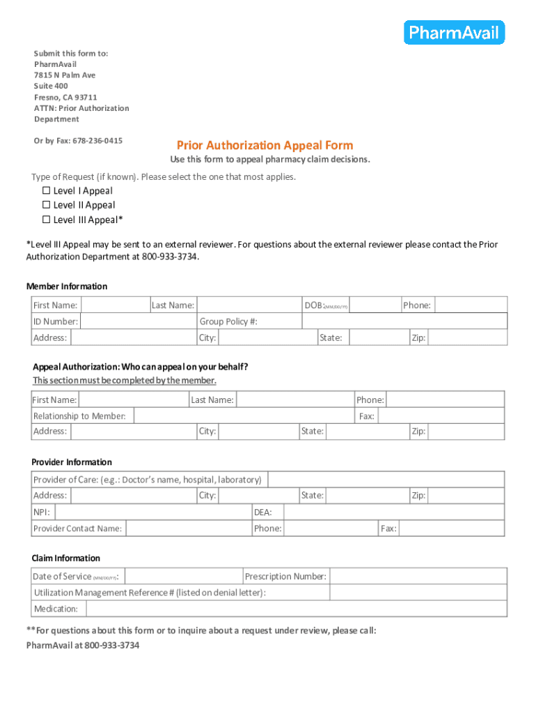 Fillable Online PharmAvail Prior Authorization Appeal Form Fax Email ...