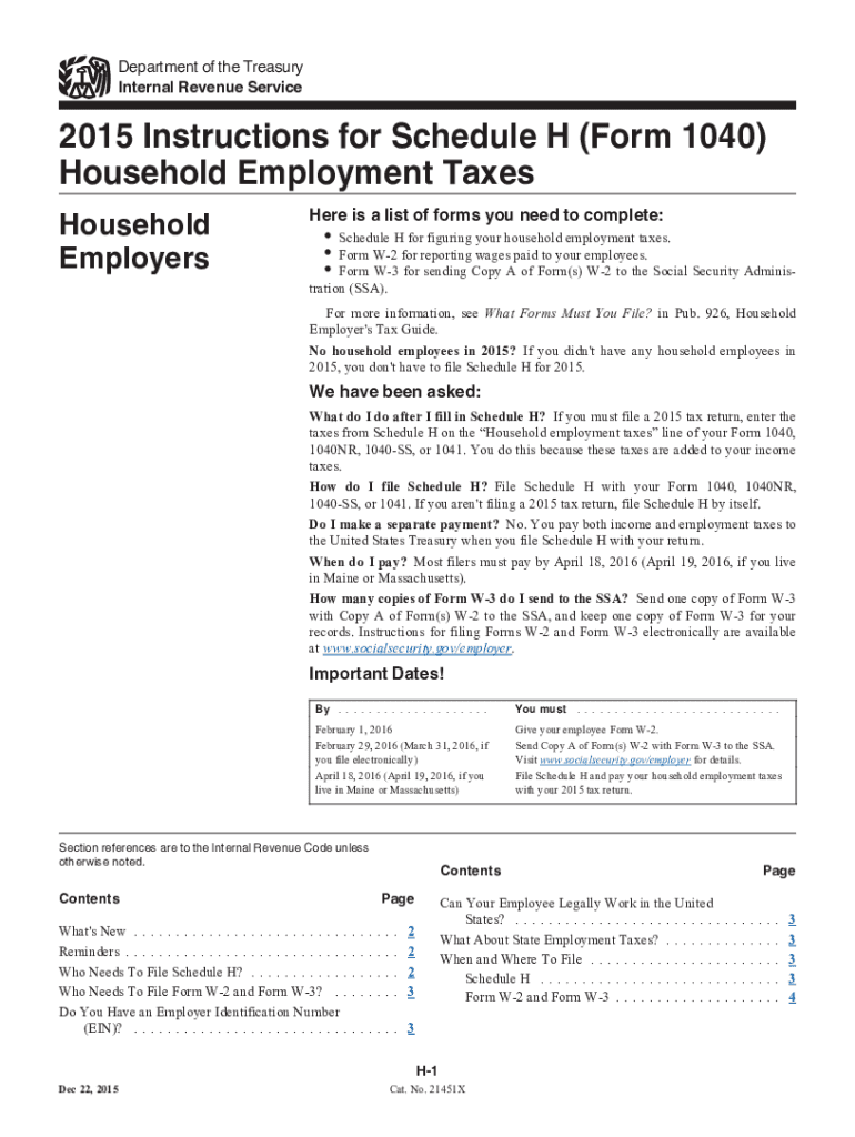 Fillable Online sch h - Household Employment Taxes SCHEDULE H(Form 1040 ...