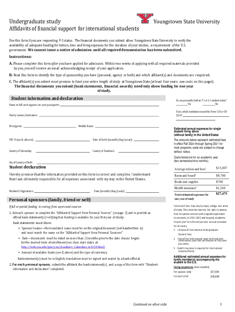 Fillable Online PDF Affidavit of Financial Support Form - Youngstown ...