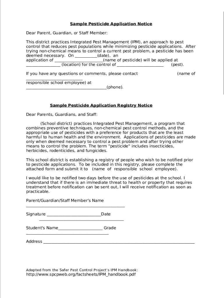 Sample Pesticide Application Notice Doc Template | pdfFiller