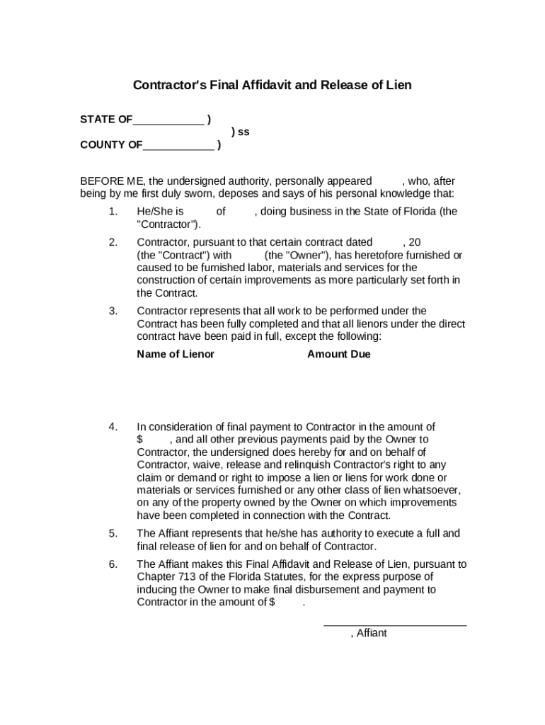 CONTRACTOR AFFIDAVIT AND FINAL RELEASE OF CLAIMS AND LIEN Doc Template | pdfFiller