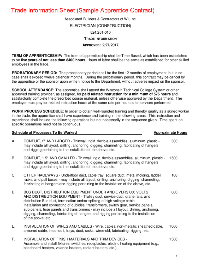Fillable Online Trade Information Sheet (Sample Apprentice Contract ...