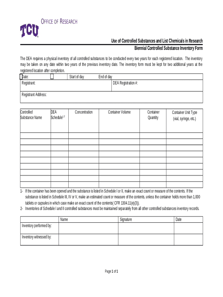 CS Initial Inventory . Controlled Substances - research tcu Doc Template | pdfFiller