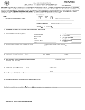Fillable Online SBA Form 1531 APPLICATION FOR CERTIFICATE OF COMPETENCY ...