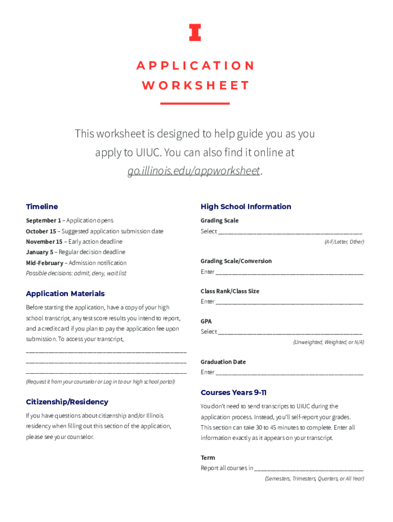 Fillable Online admissions illinois APPLICATION WORKSHEET - University ...