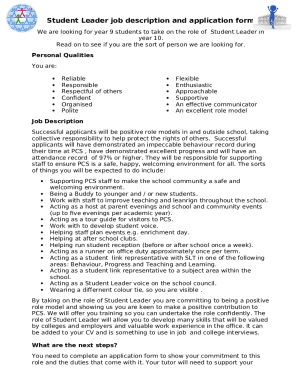 Student Leader job description and application Doc Template | pdfFiller