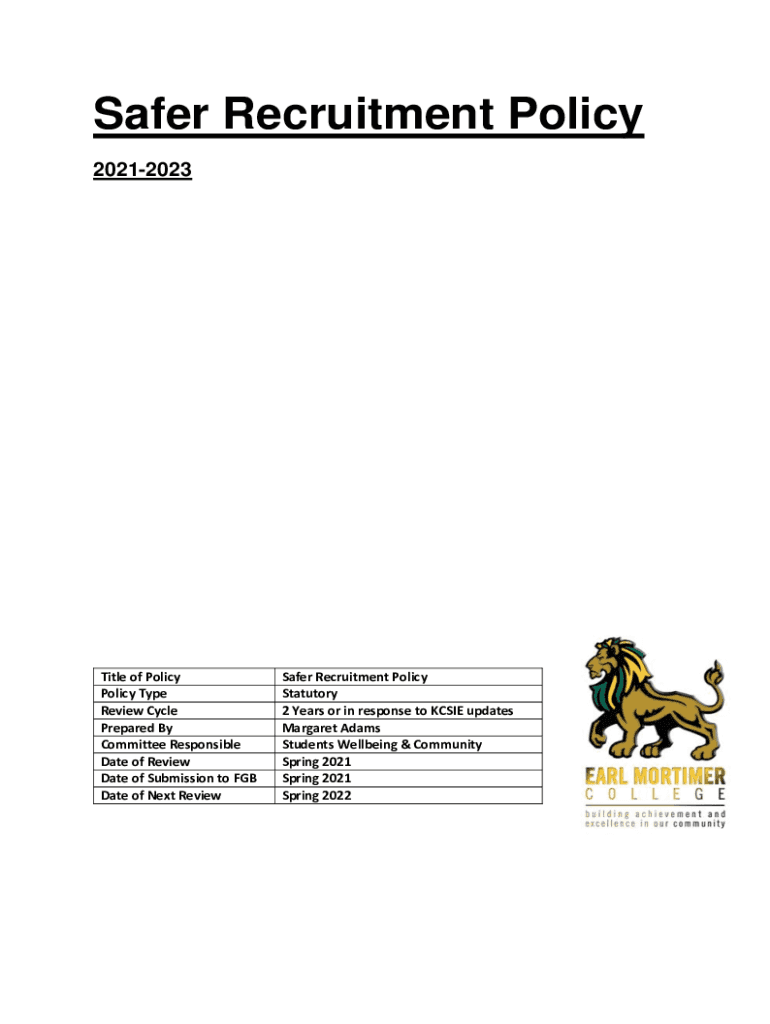 Fillable Online Safer Recruitment Policy - Earl Mortimer College and ...