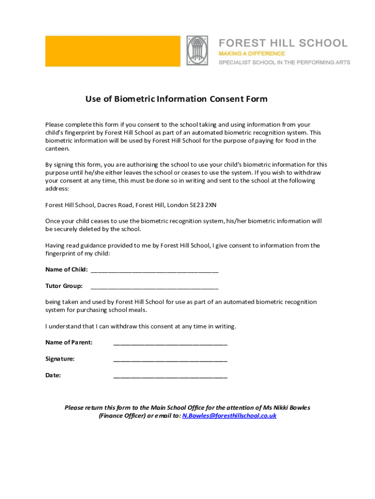 Fillable Online Parent/Carer Consent Form for the Use of Biometric Information Fax Email Print ...