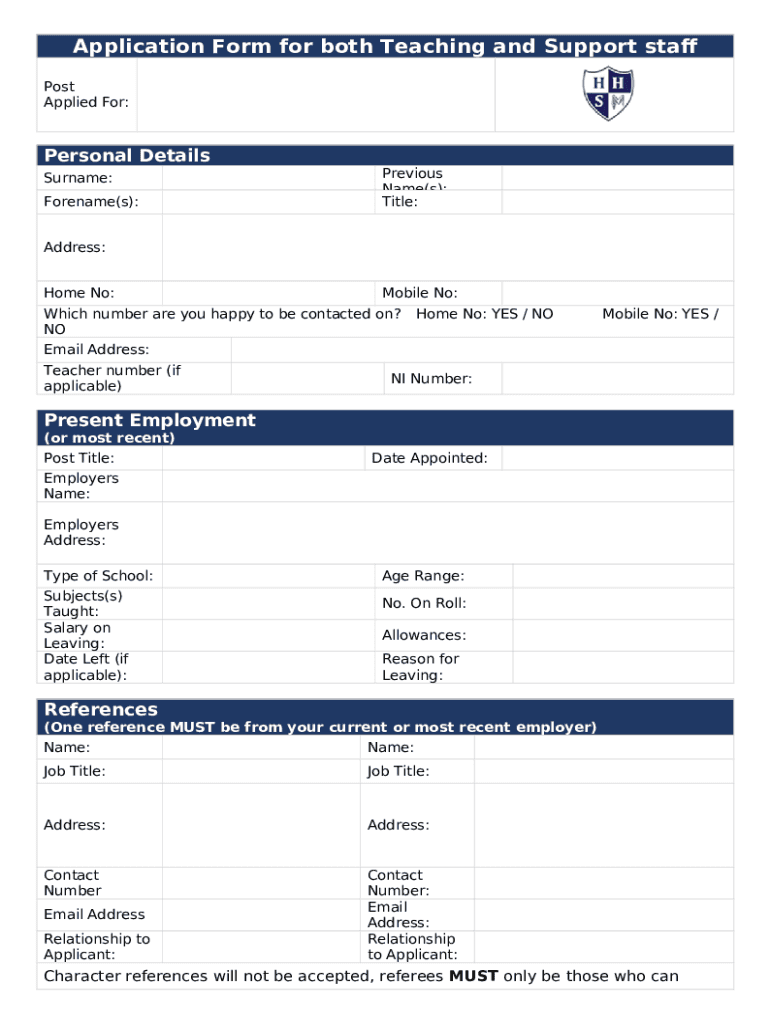 Application for both Teaching and Support staff Doc Template | pdfFiller