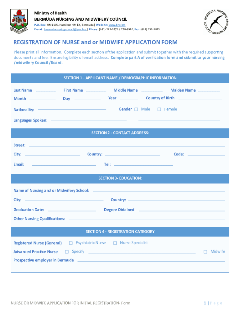 Fillable Online NURSE OR MIDWIFE APPLICATION FOR INITIAL REGISTRATION ...