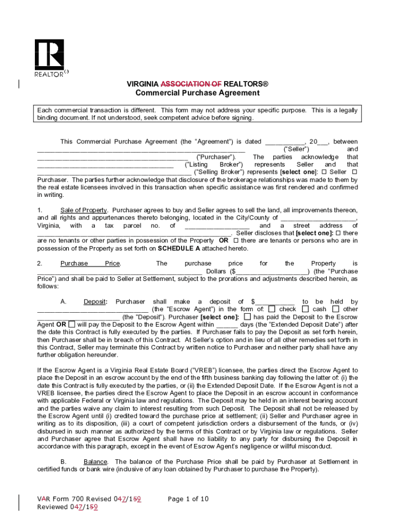 Fillable Online Virginia REALTORS Form 700 - Commercial Purchase ...