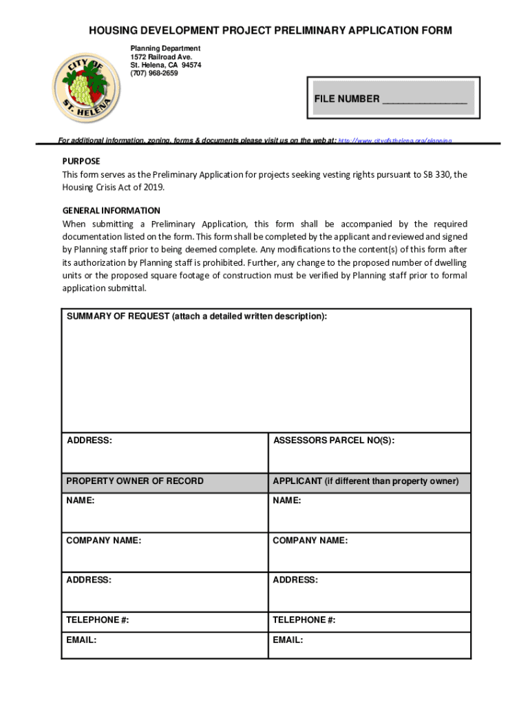 Fillable Online PDF PRELIMINARY APPLICATION FORM Housing Development ...