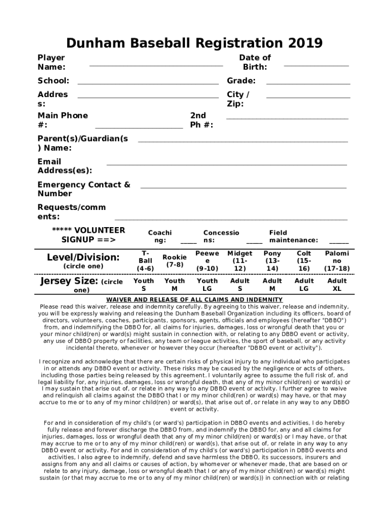 Baseball Youth Camp Registration Doc Template | pdfFiller