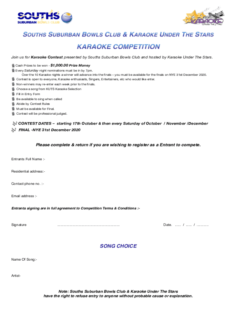 Fillable Online Ssbc karaoke entry form + R&R Fax Email Print - pdfFiller