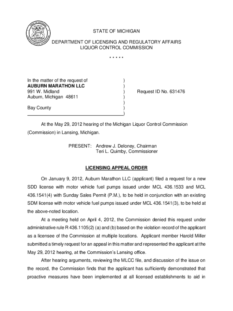 Fillable Online STATE OF MICHIGAN LIQUOR CONTROL COMMISSION In the ...