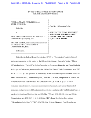 Fillable Online Stipulated Final Judgment and Order for Permanent ...