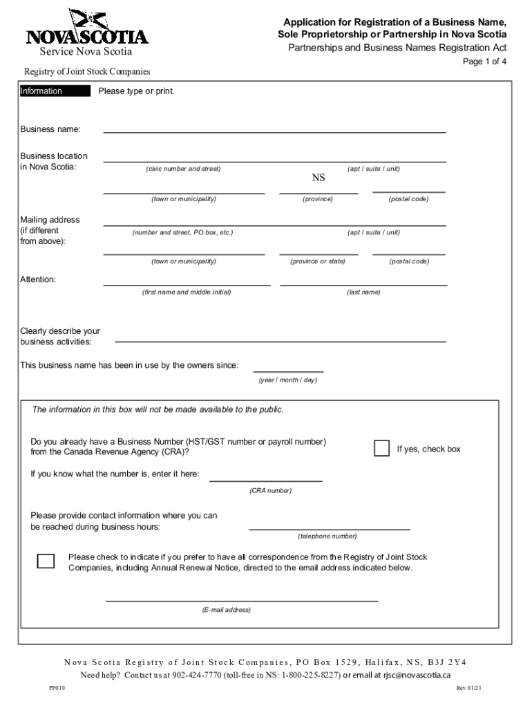 Fillable Online Application for Registration of a Business Name, Sole ...