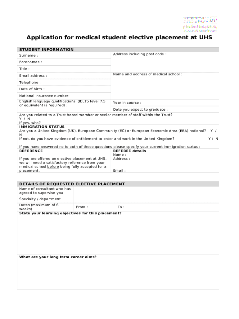 Application medical student elective Doc Template | pdfFiller
