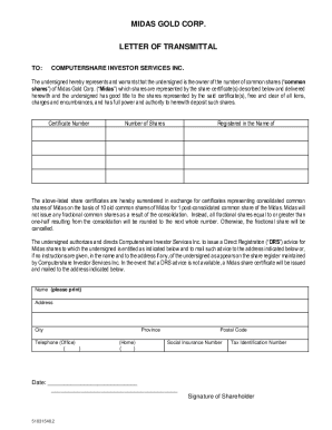 Fillable Online MIDAS GOLD CORP. LETTER OF TRANSMITTAL Fax Email Print ...