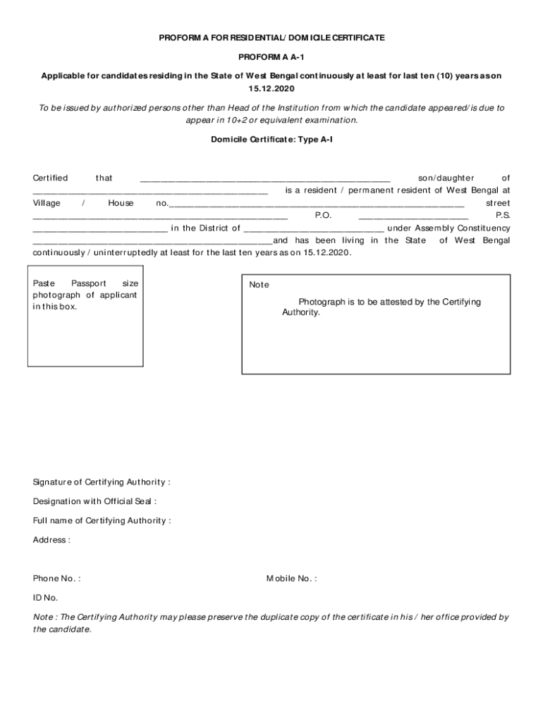 Fillable Online Proforma For Residential/Domicile Certificate - Fill ...