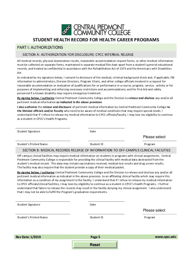 Fillable Online Student Health Record for Health Career Programs Fax ...