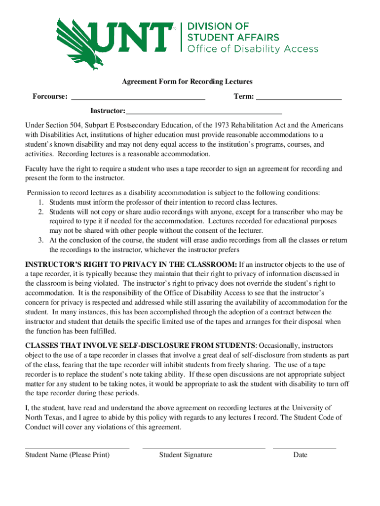 Fillable Online studentaffairs unt Agreement Form for Recording Lectures Fax Email Print - pdfFiller