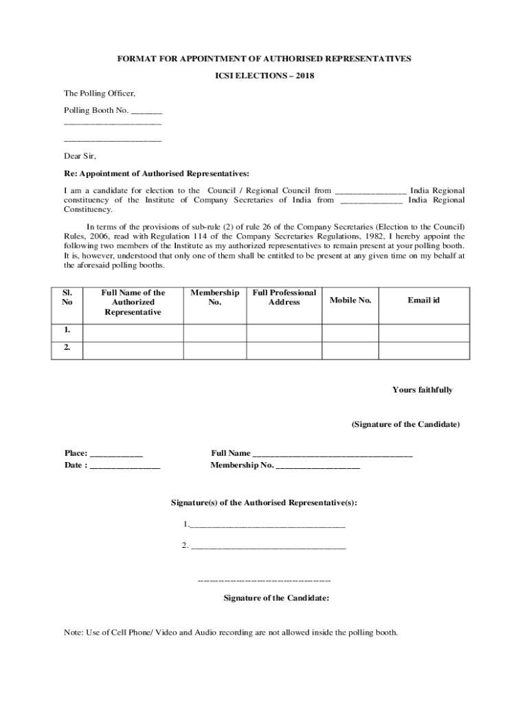 Fillable Online FORMAT FOR APPOINTMENT OF AUTHORISED REPRESENTATIVES ...