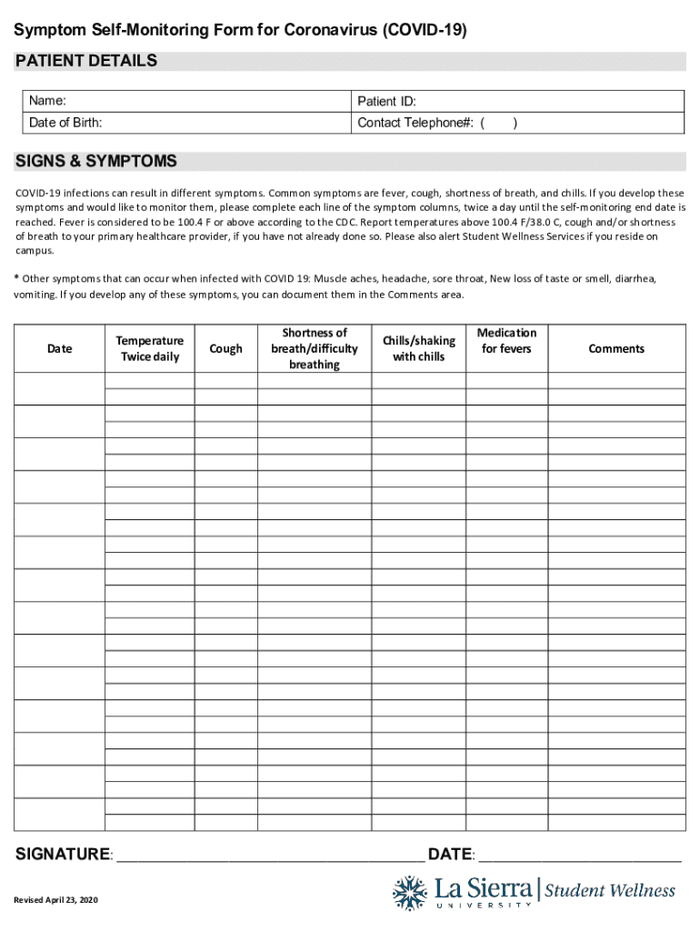Fillable Online Symptom Self-Monitoring Form for Coronavirus (COVID19 ...