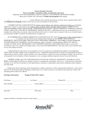 Fillable Online Eastern Kentucky University Waiver of Liability ... Fax Email Print - pdfFiller