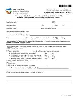 Fillable Online COBRA Qualifying Event Notice. Form used by insurance ...