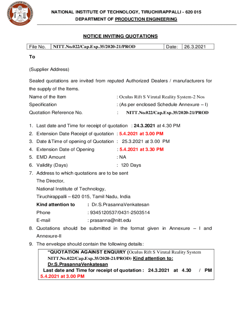 Fillable Online NOTICE INVITING QUOTATIONS To - National Institute of ...