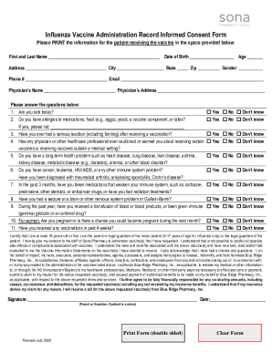 Fillable Online Influenza Vaccine Administration Record Informed ...