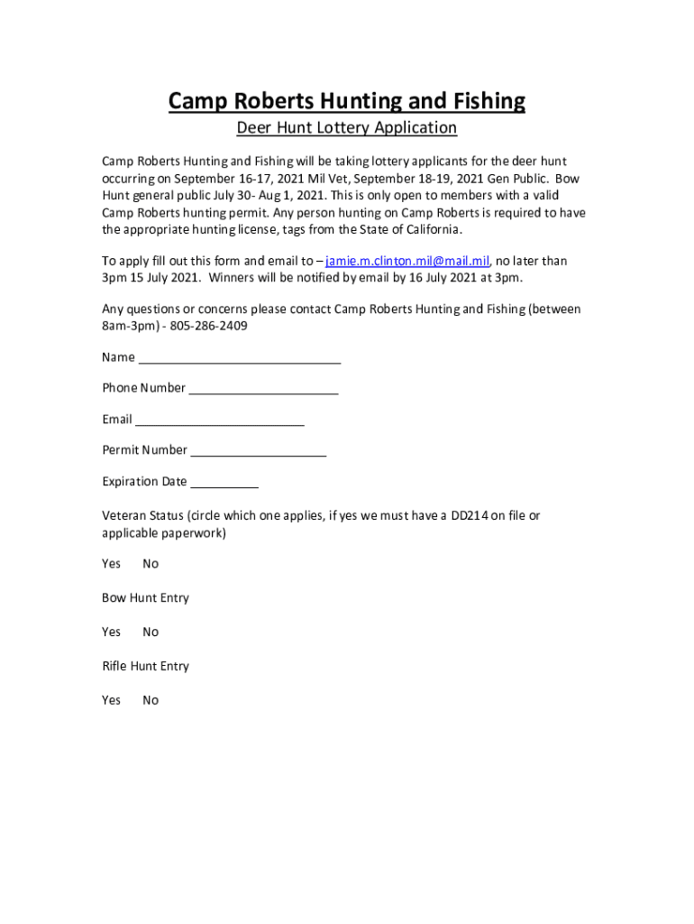 Fillable Online calguard ca Camp Roberts Hunting and Fishing Deer Hunt ...