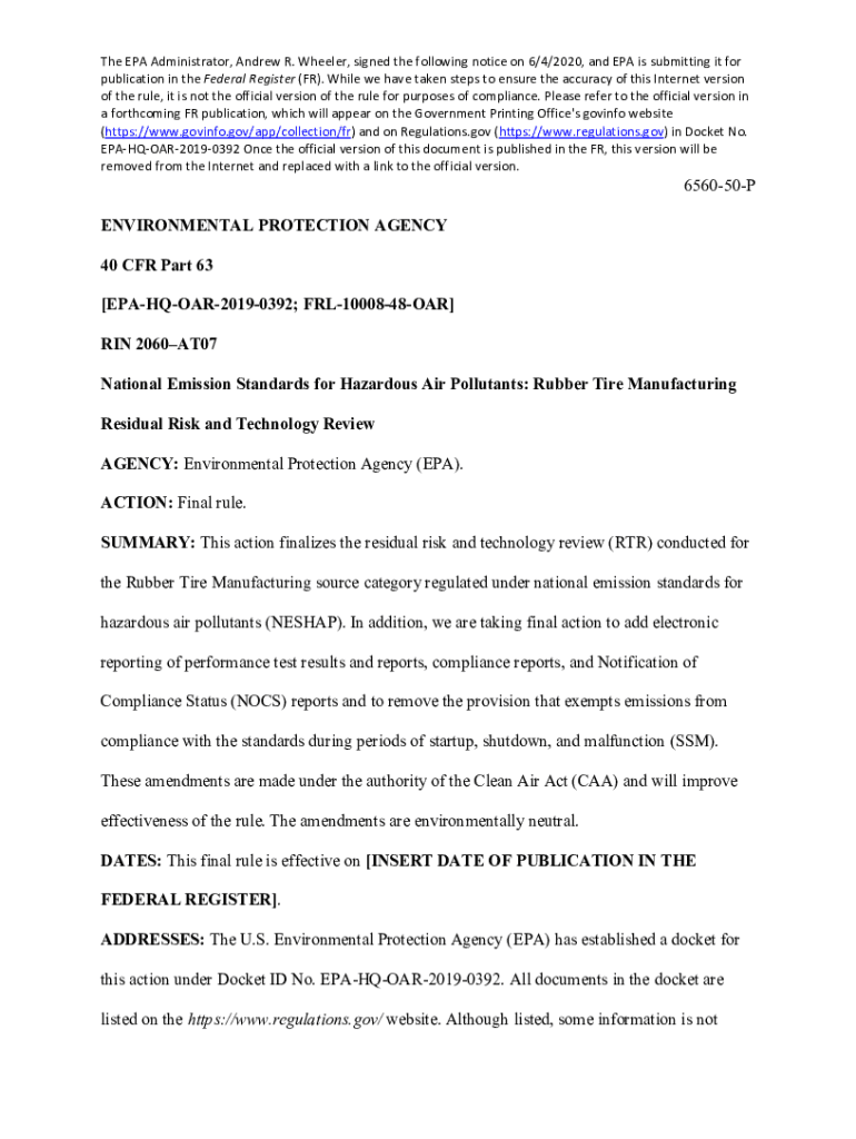 Fillable Online The EPA Acting Administrator, Andrew R. Wheeler, signed ...