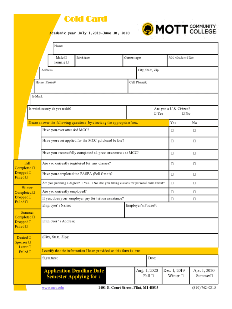 Fillable Online Gold Card Application. Mott Community College ...