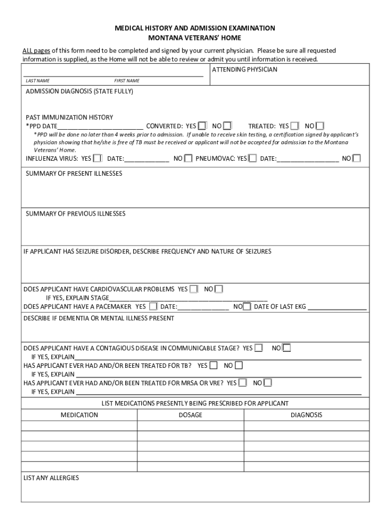 Fillable Online dphhs mt Medical History and Admission Examination ...